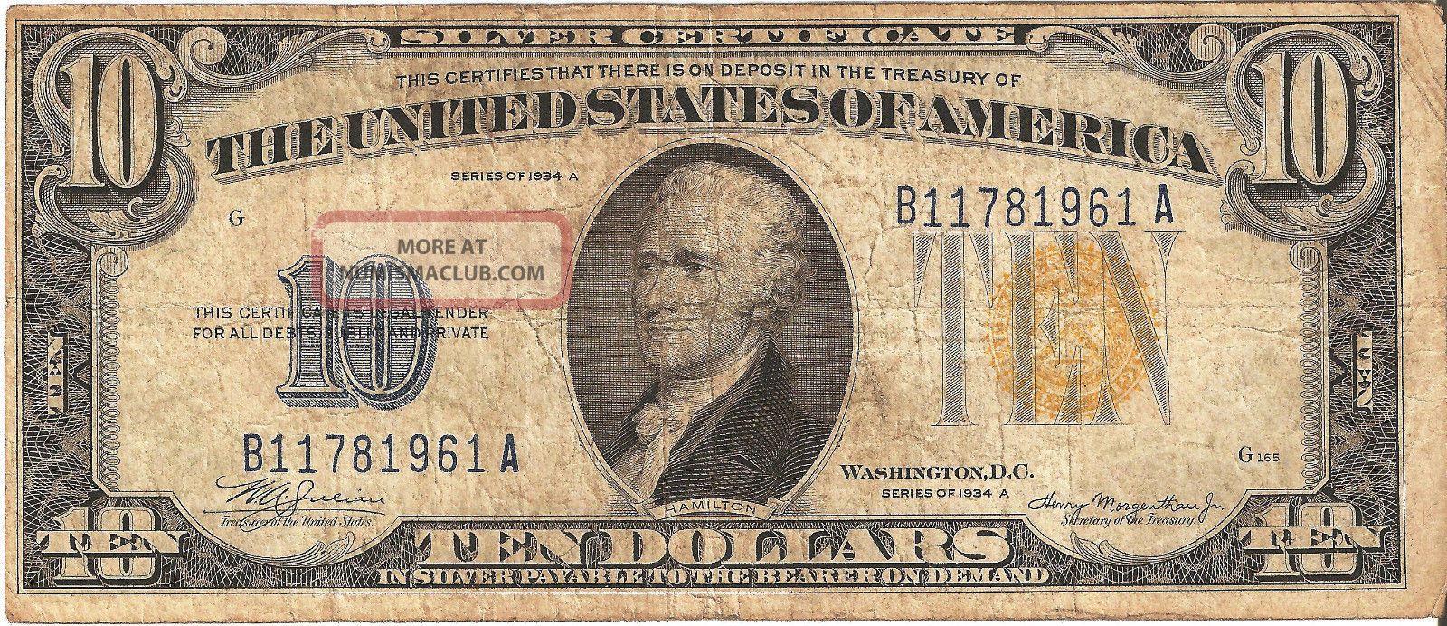 1934 - A $10. 00 Silver Certificate North Africa Yellow Seal Very Fine