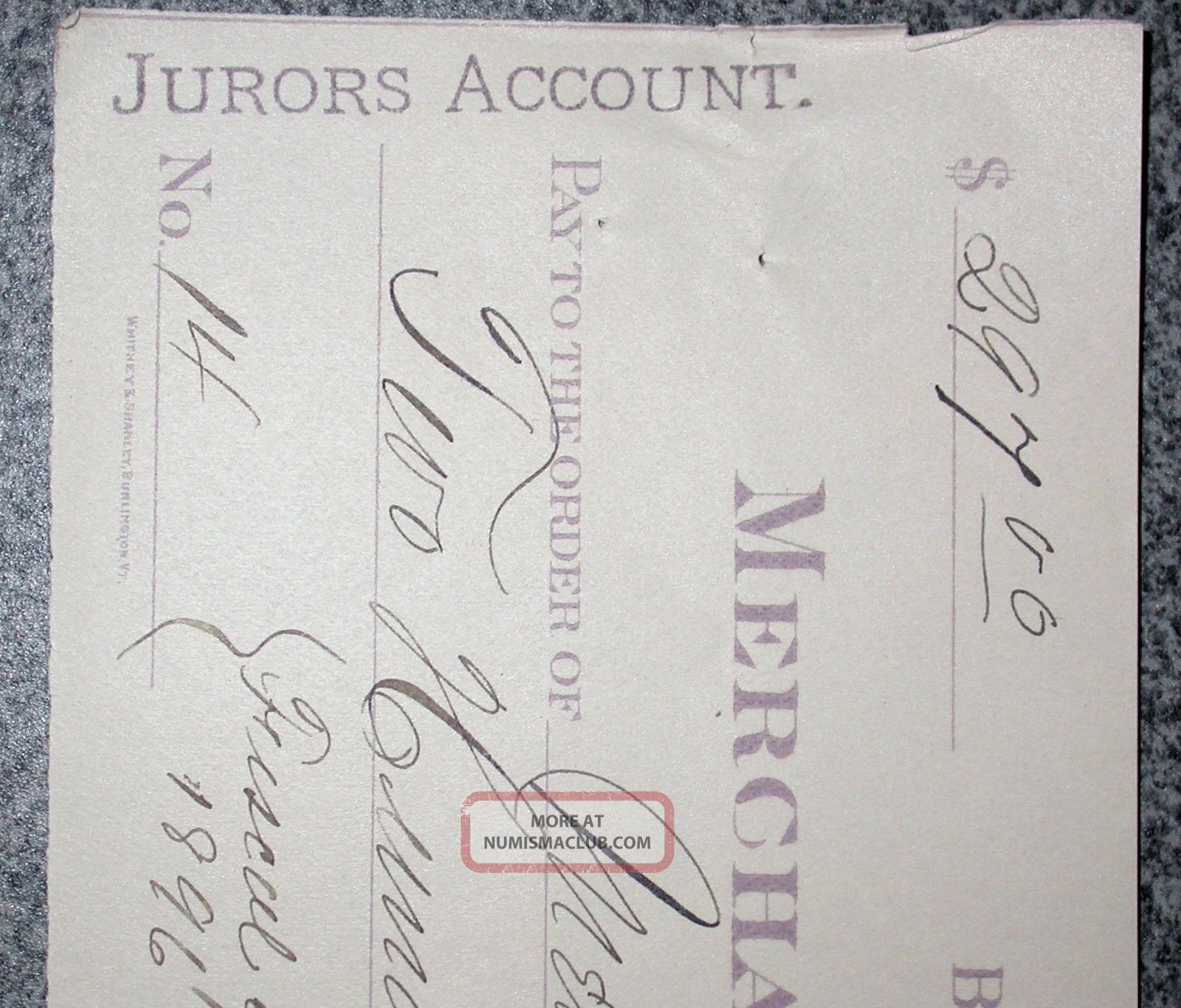 1896 Rare " Jurors Account " Check Burlington Vermont Note Court Bank ...