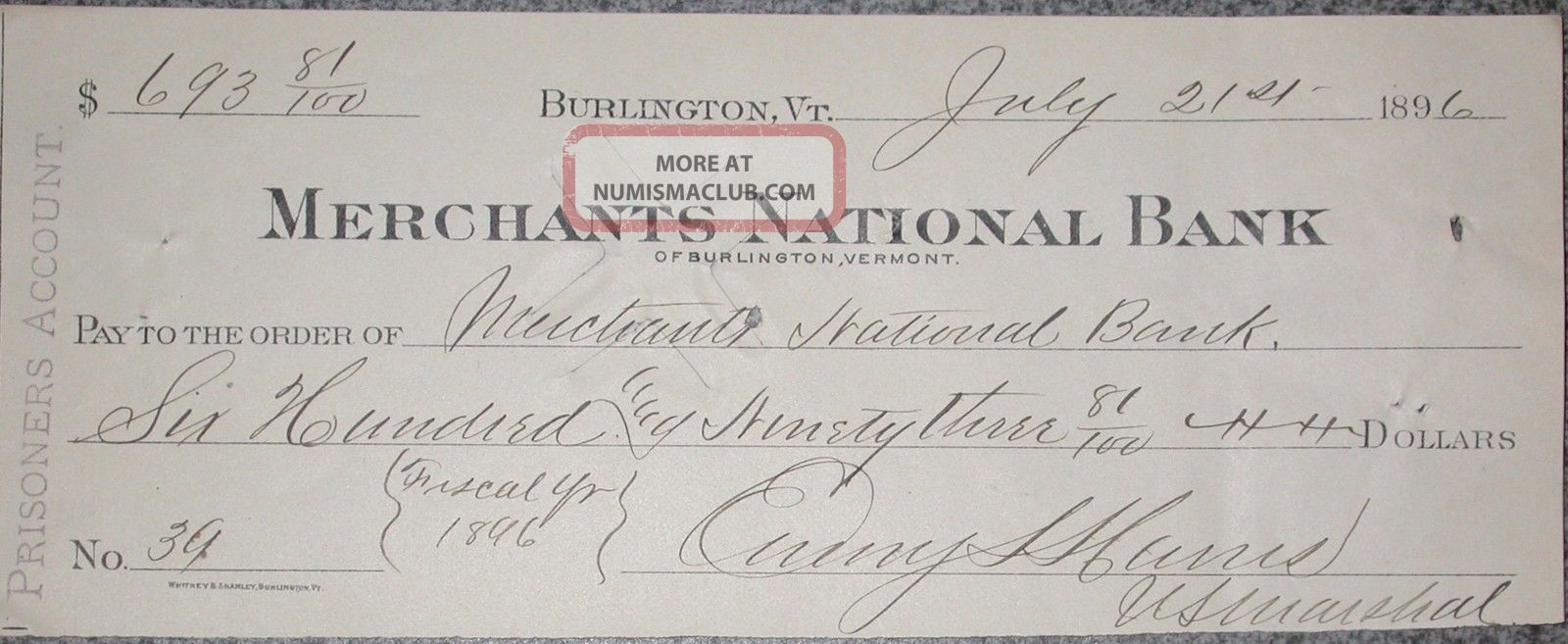 1896 Rare " Prisoners Account Check Burlington Vermont Prison Note Bank ...