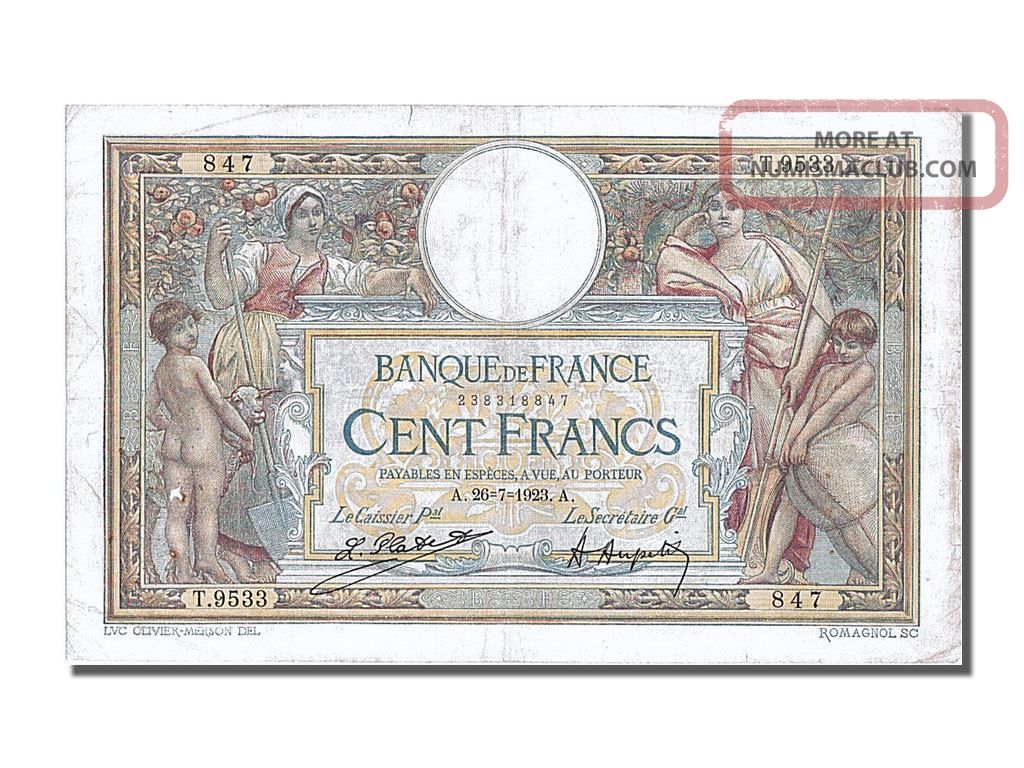 French Paper Money, 100 Francs Type Luc Olivier Merson « Sans Lom