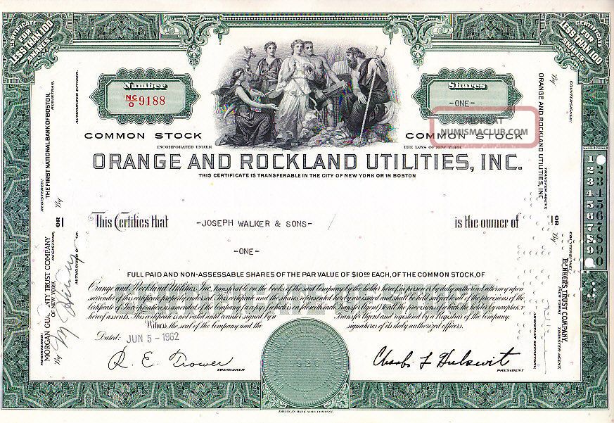 Broker Owned Stock Certificate: Jos Walker & Sons, Payee; Orange & Rock ...