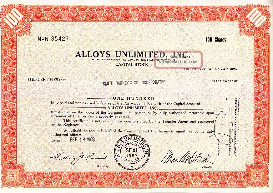Broker Owned Stock Certificate: Smith Barney Co, Payee; Alloys ...