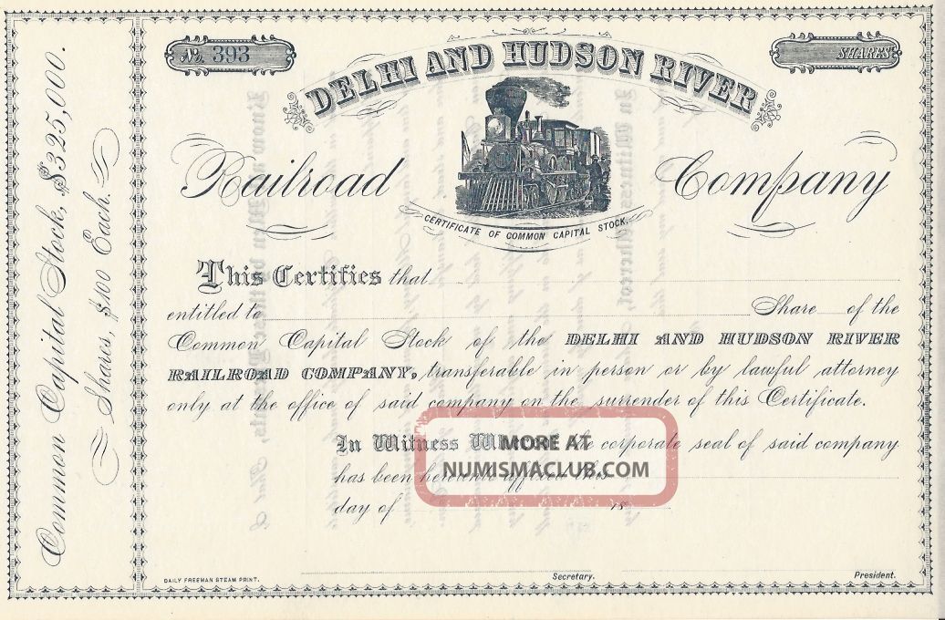 Delhi And Hudson River Railroad Company. . . . . 1880 ' S Unissued ...