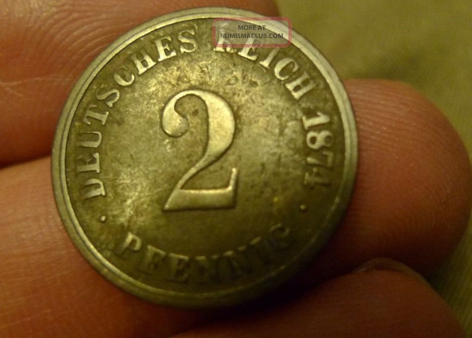 1874 D German Germany Two 2 Pfennig Copper Coin