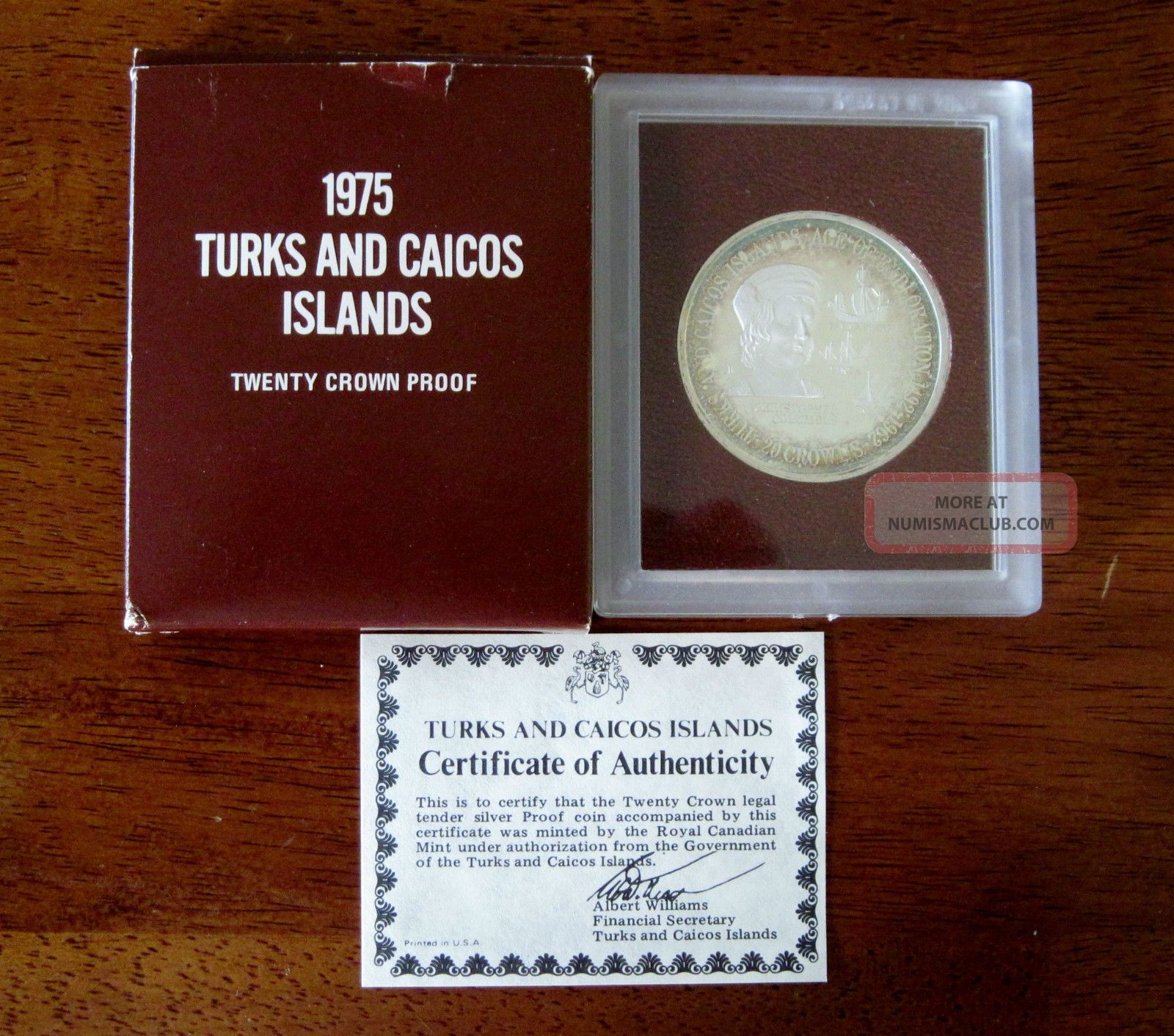 1975 Turks And Caicos Islands 20 Crowns Silver Proof With