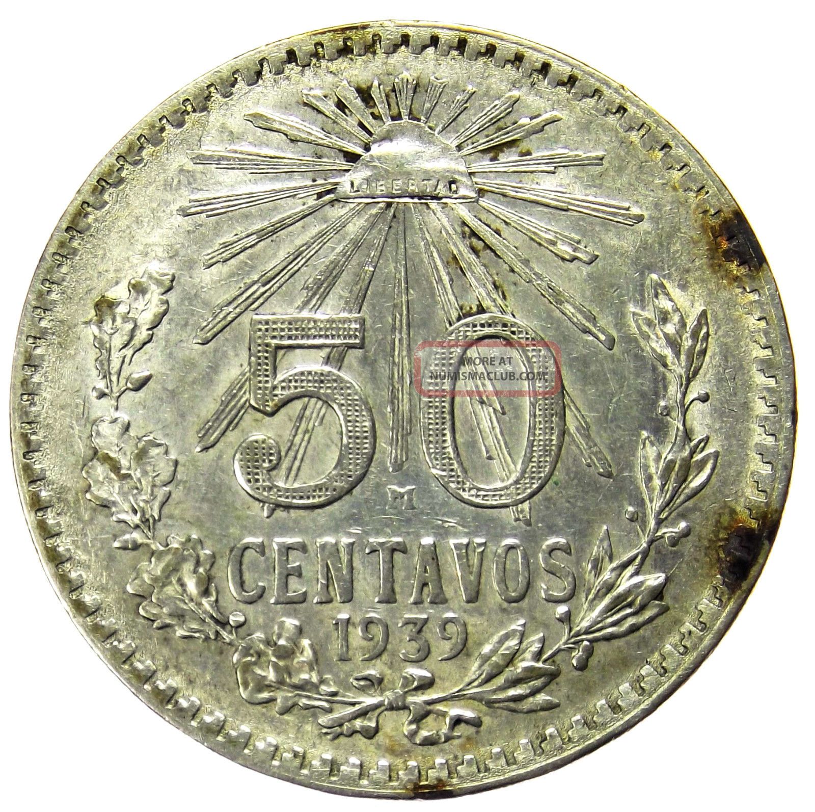 Mexico 50 Centavos, 1939 Silver Coin Au