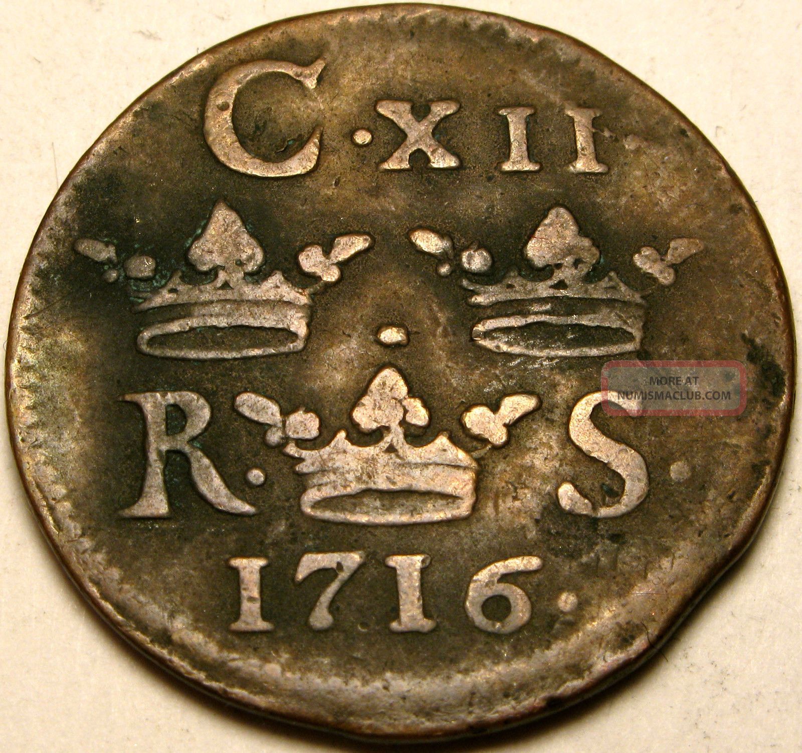Sweden 1/6 Ore (s. M. ) 1716 - Copper - Carl Xii. - Type Ii - Vf - 1222