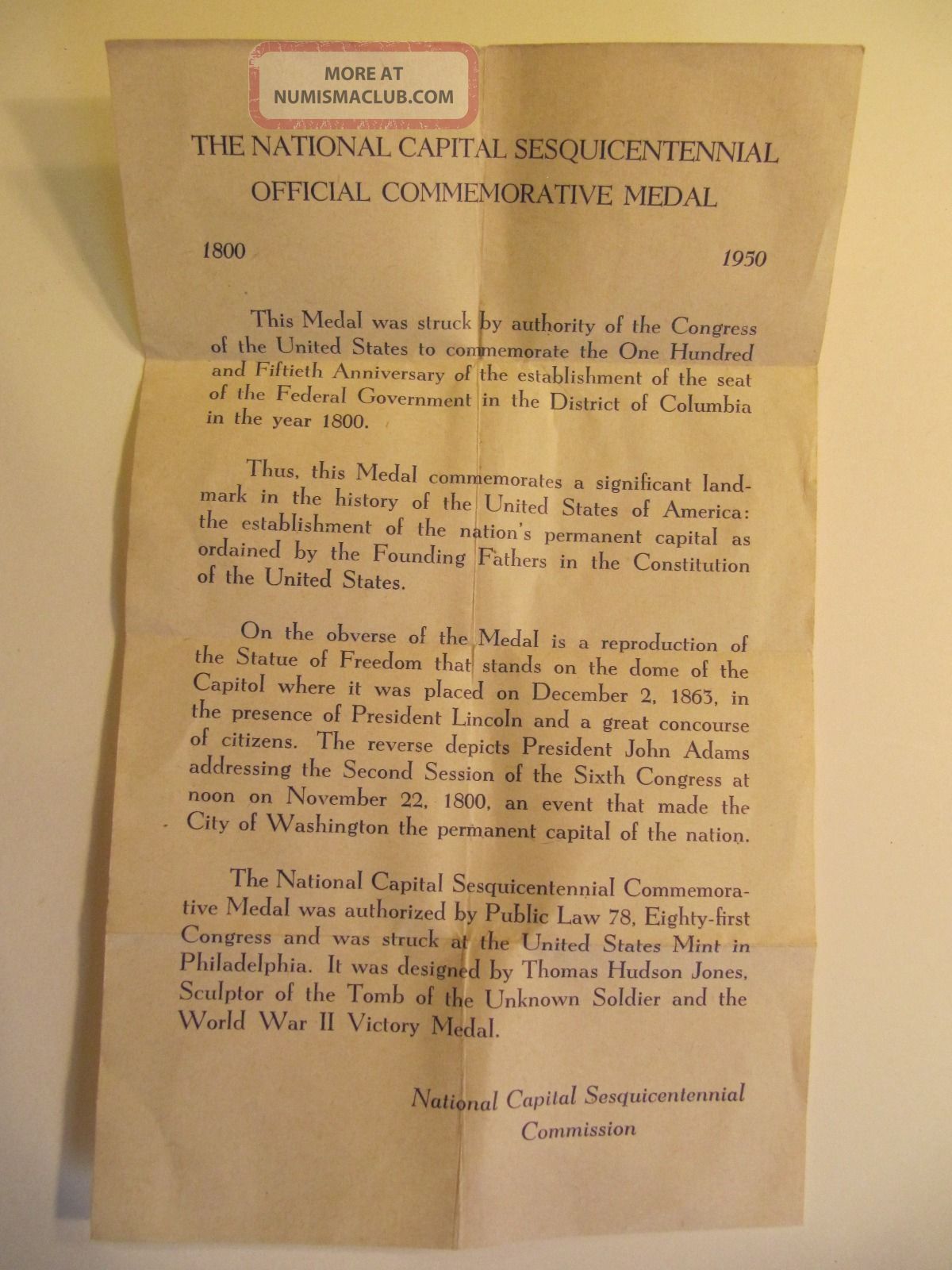 National Capital Sesquicentennial Copper Commemorative Medal