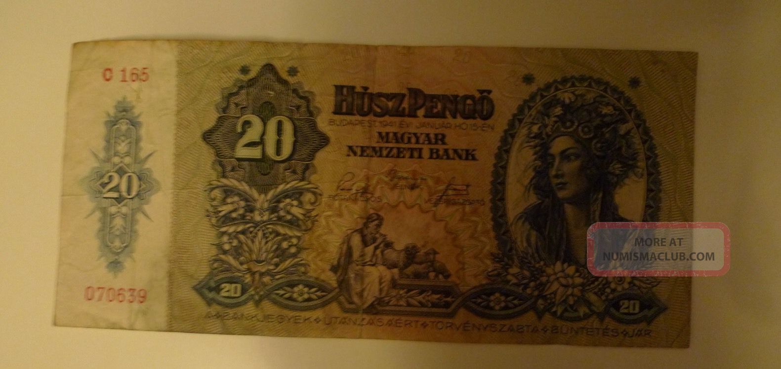 1941 Hungary Hungarian Husz 20 Twenty Pengo Banknote Currency Bill