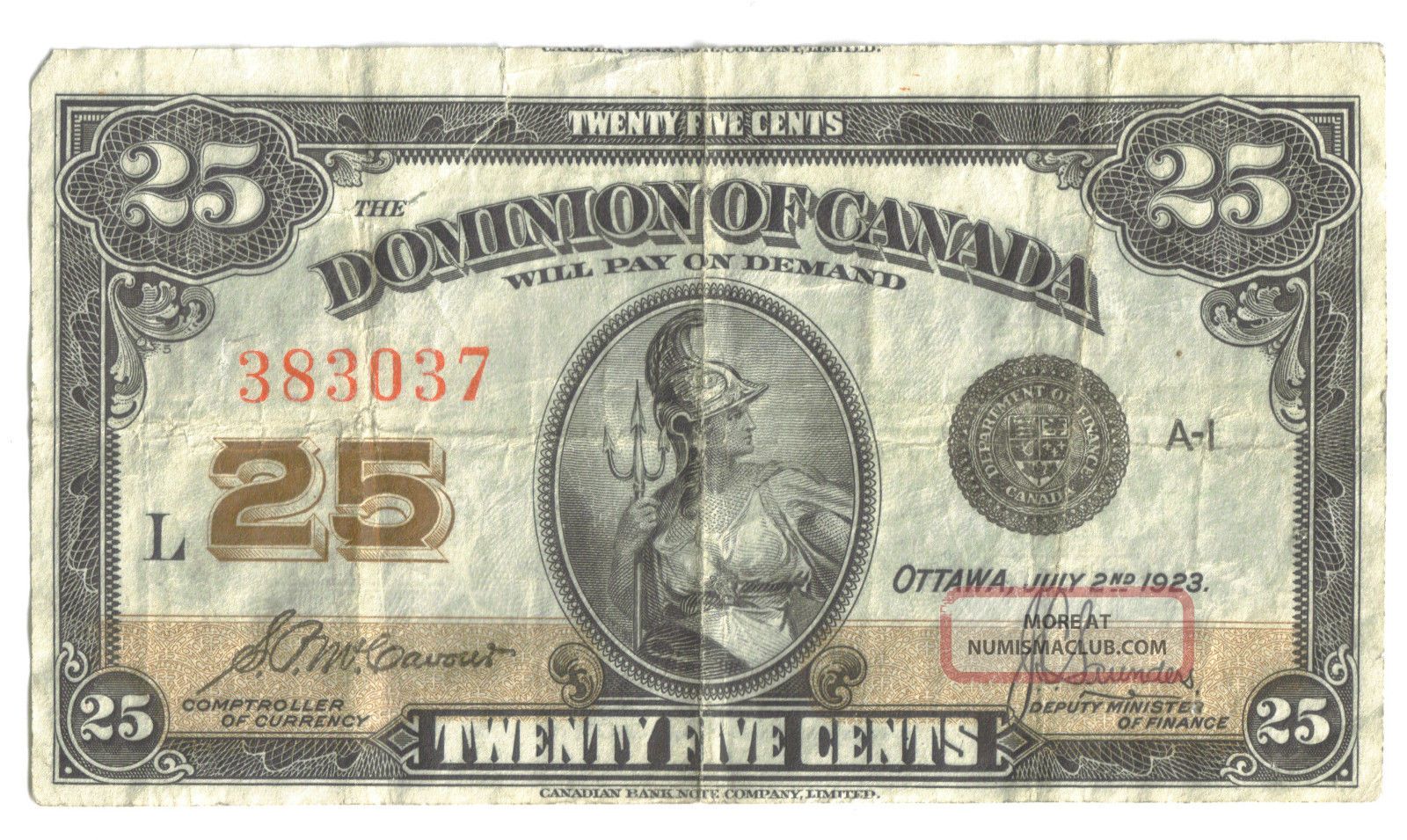 1923 25c Dominion Of Canada Twenty Five Cents Shinplaster