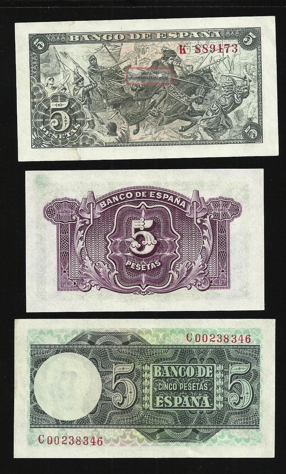 Spain 3 X 5 Pesetas 1948/1935/1945 - Xf, /au