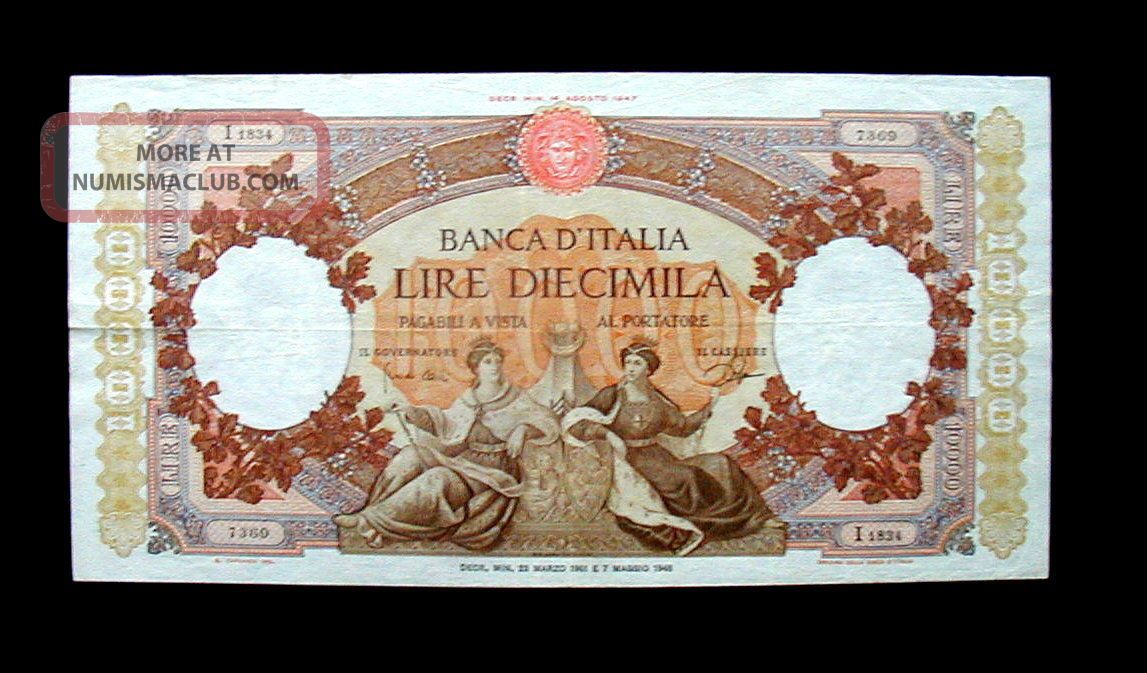 1961 Italy Rare Large Banknote 10000 Lire Regine Del Mare Vf, Bb,