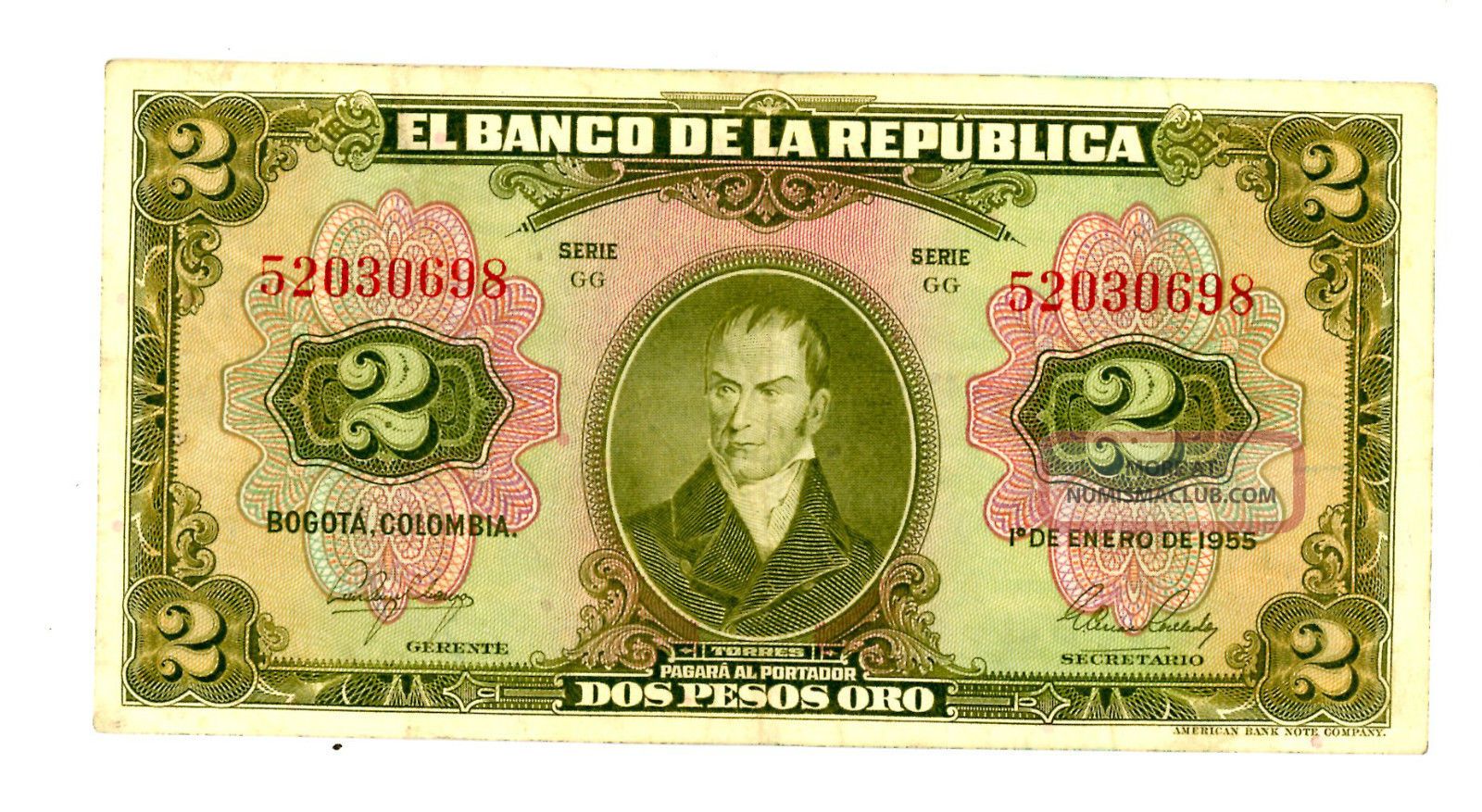 Colombia … P - 390d … 2 Pesos … 1955 … Vf