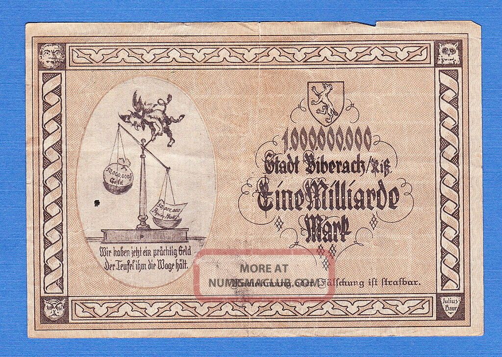 Germany Banknote 1923 One Billion Mark Stadt Biberach