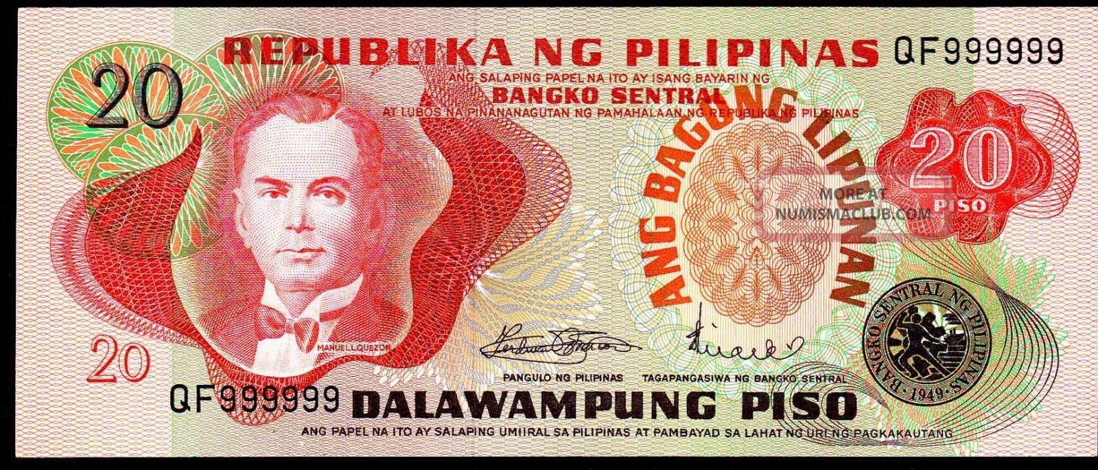 Philippines 20 Pesos Banknote Abl Solid Qf999999 Marcos/licaros ...