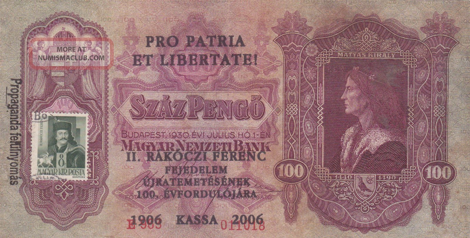 Rare Commemorative Overprint On 100 Pengo 1930 Note Hungary