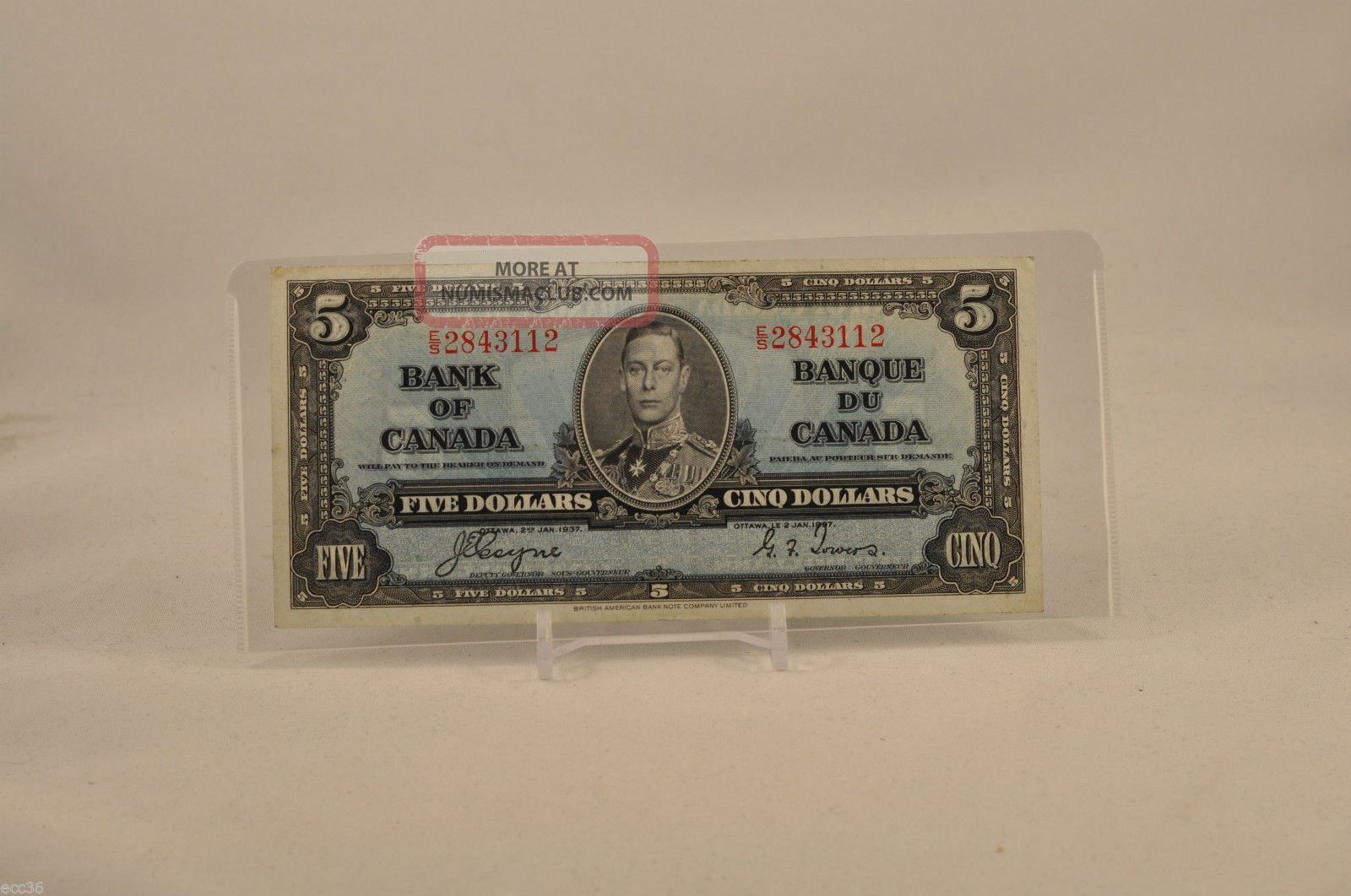 Scarce 1937 Bank Of Canada $5 Note Coyne Towers Gg02