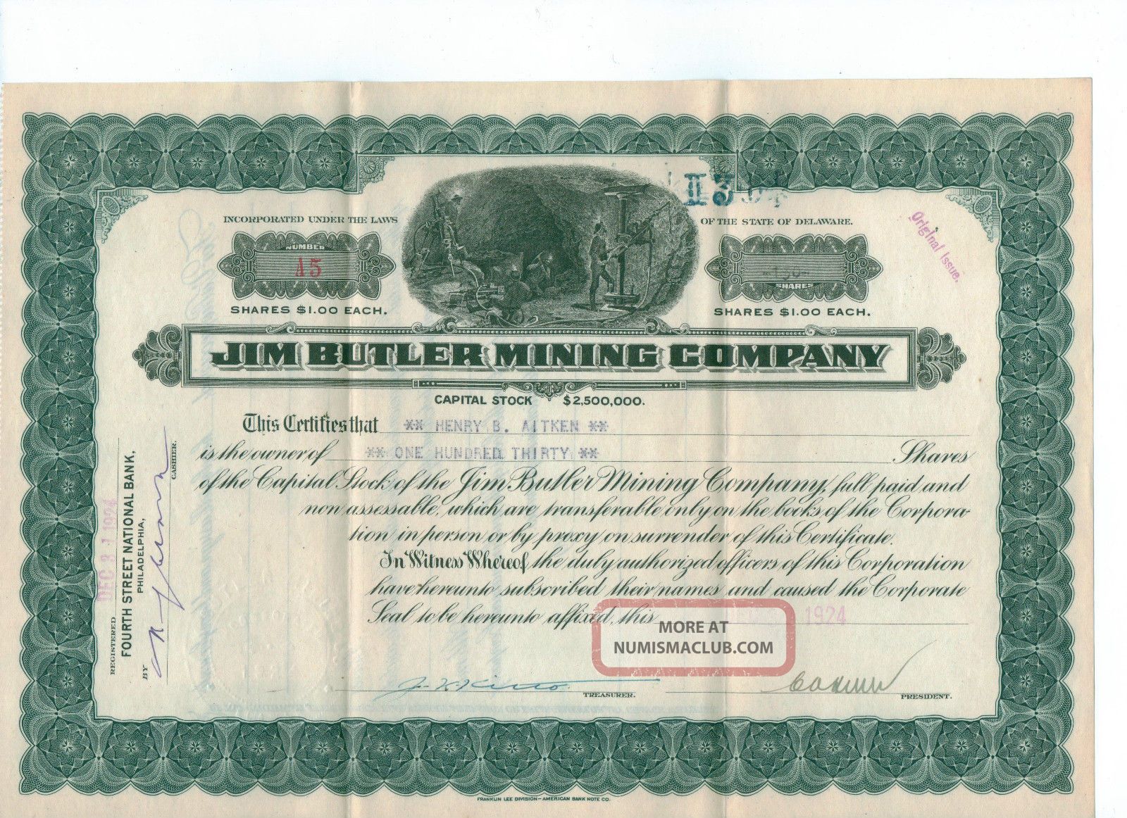 Historic Jim Butler Mining Stock 1924, Extra Documents Vf N/r