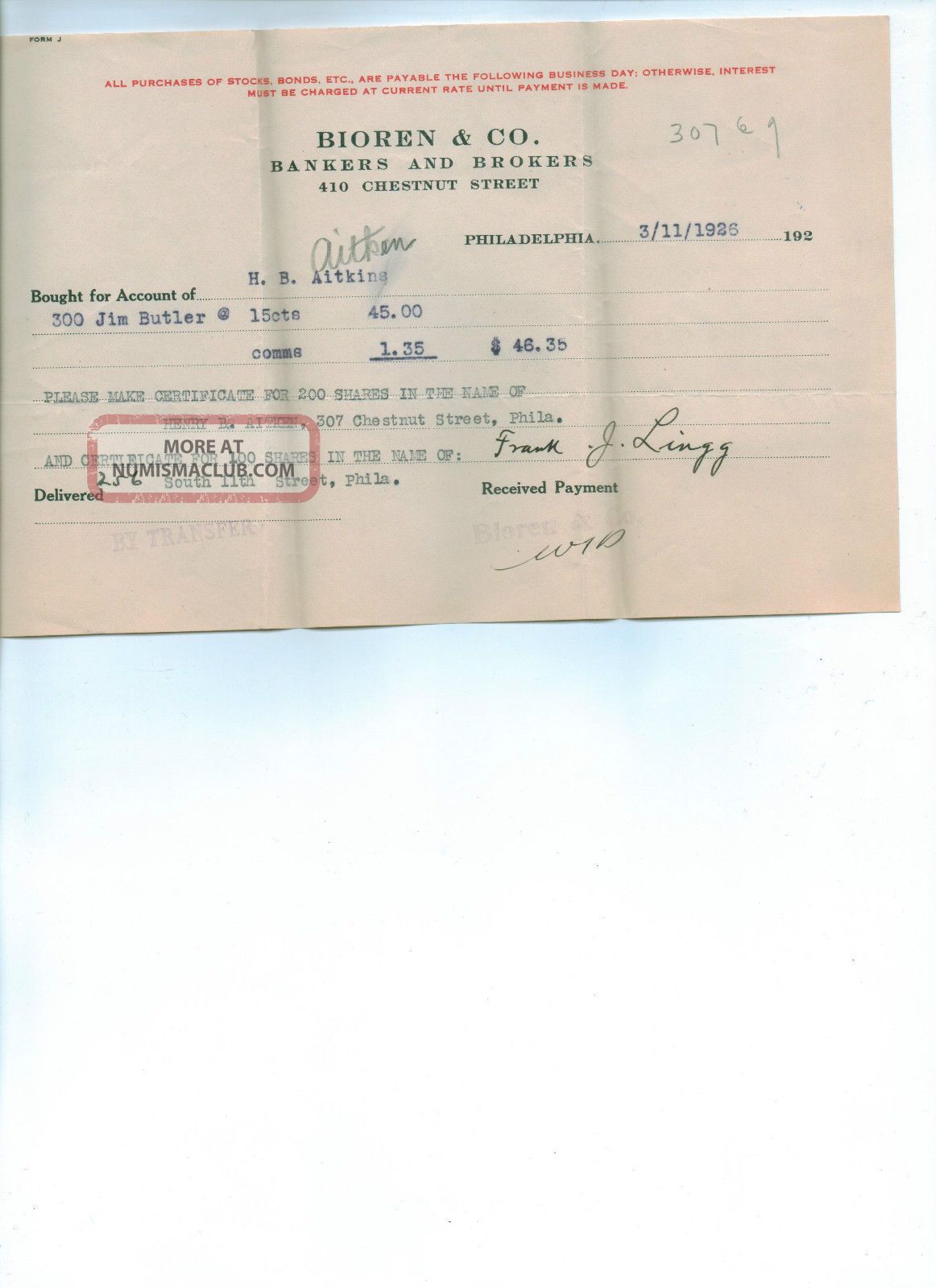 Historic Jim Butler Mining Stock 1924, Extra Documents Vf N/r
