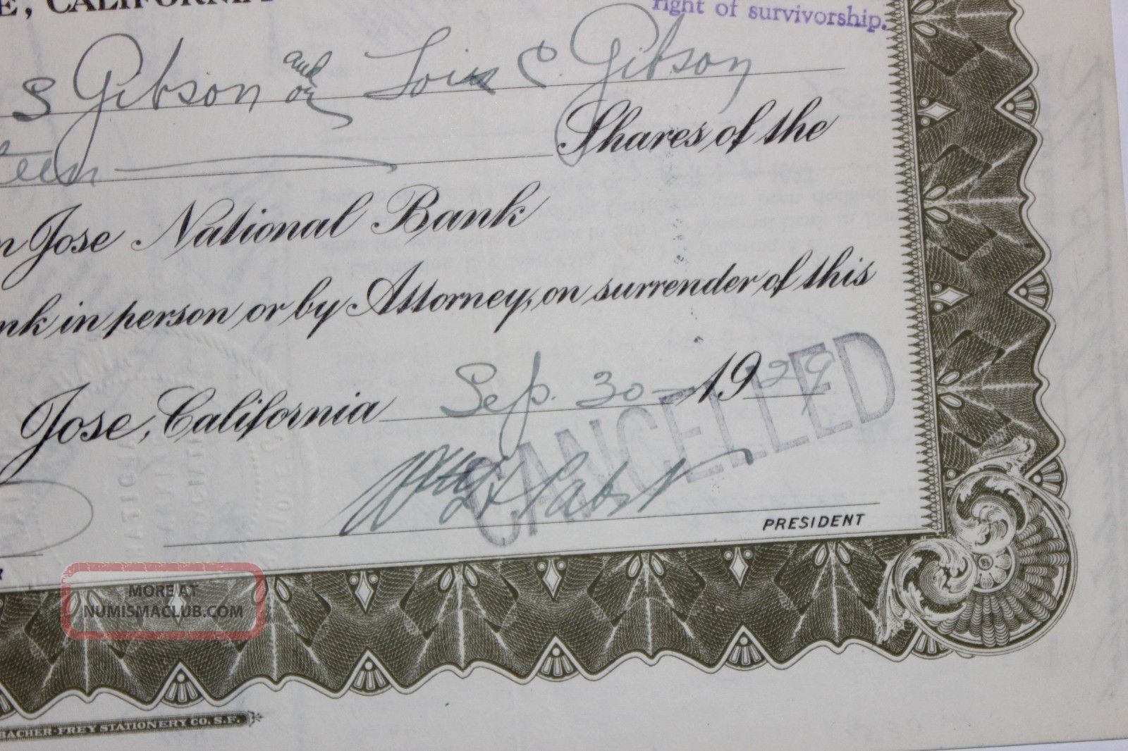 1929 San Jose National Bank Stock Certificate California Stock Market Crash