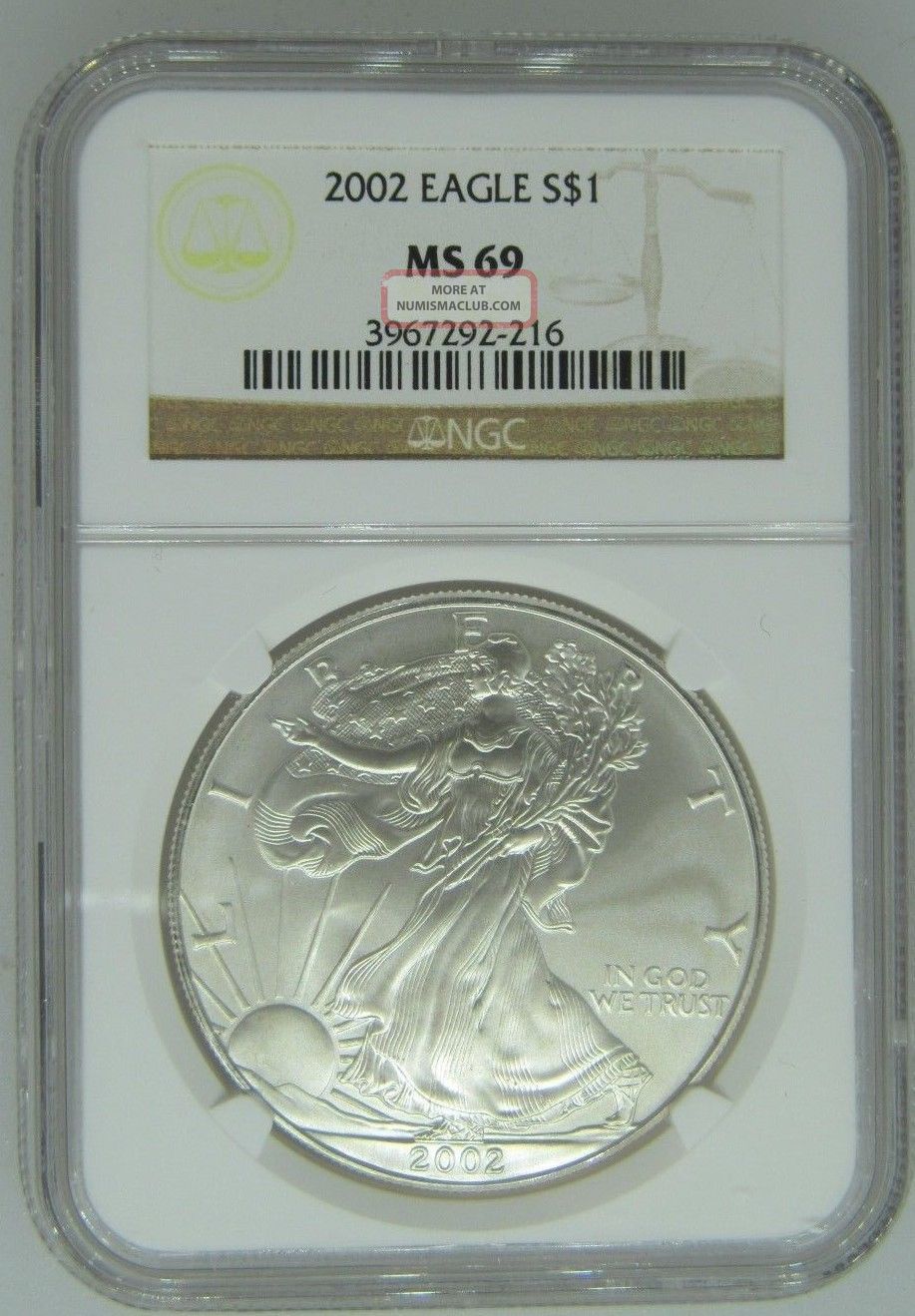 2002 Ngc Ms69 1oz American Silver Eagle $1 Coin - 216 - D2