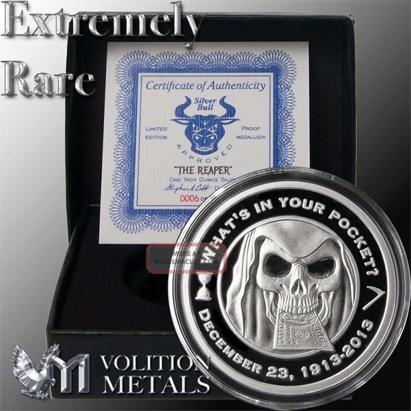 Silver Bull Grim Reaper 1 Oz. 999 Silver Proof Round W. Box And