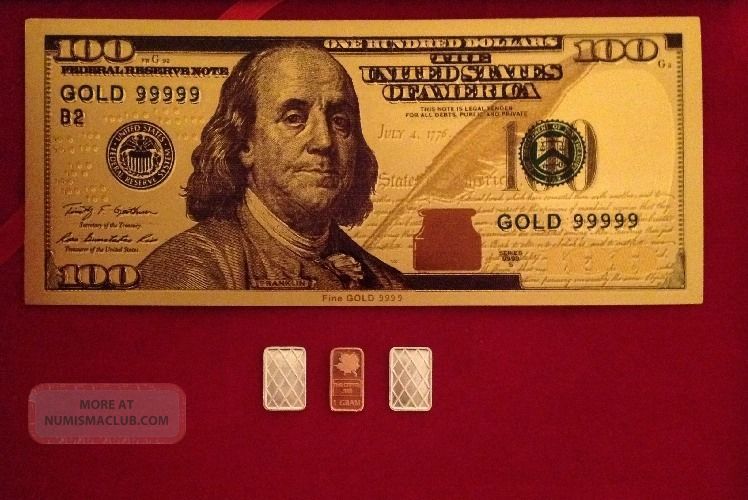Pure 24k Gold $100 Colored Bill Banknote 2x1 Gram. 999 Silver 1 Gram Copper
