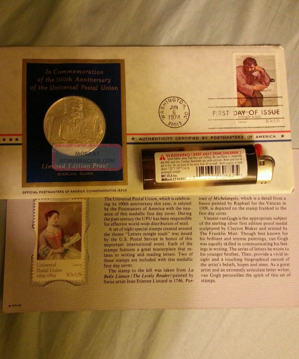 Solid Silver Round 1974 1 Troy Oz Limited Edition Proof, Stamp