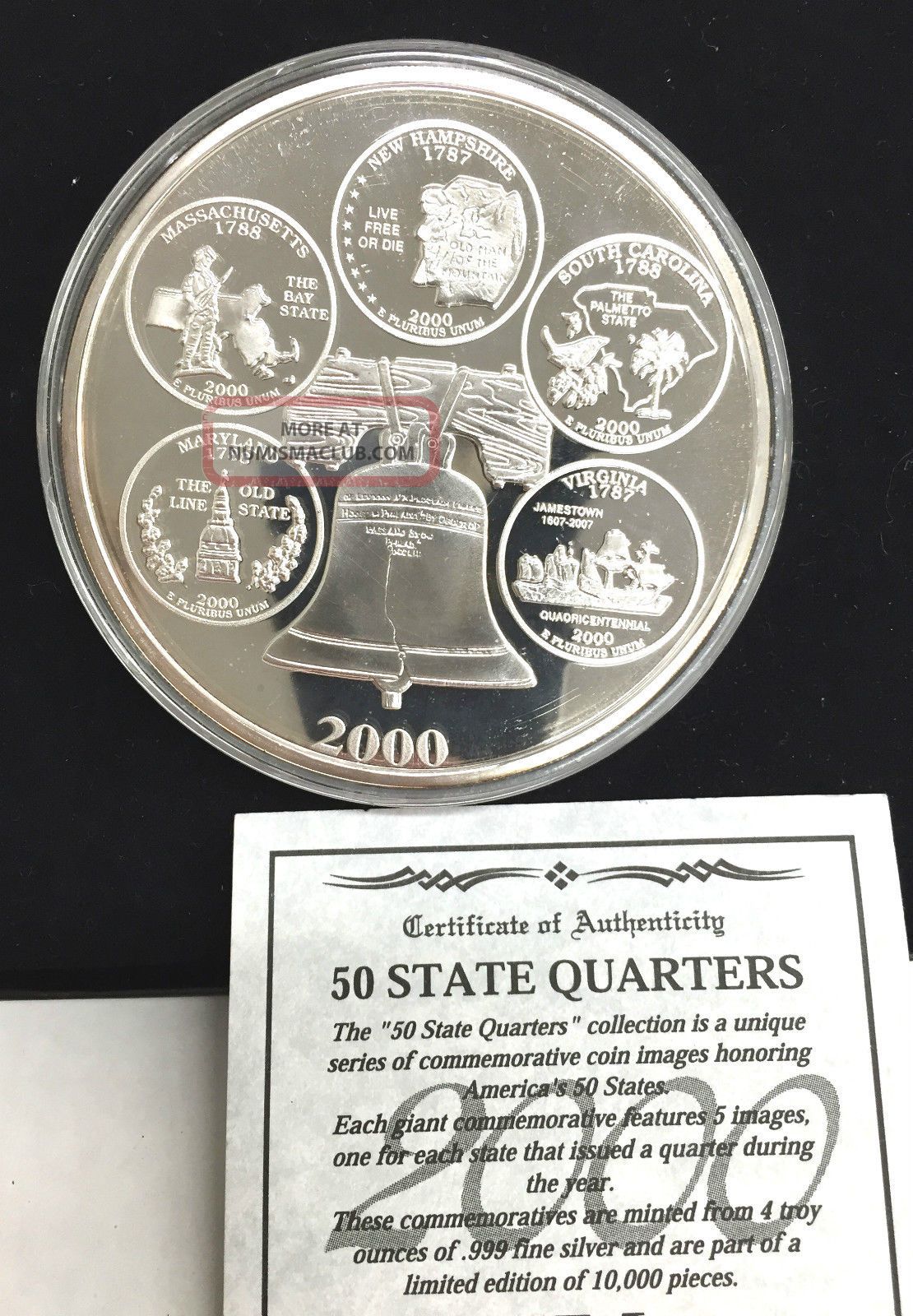 4 Troy Oz. 999 Silver Giant State Quarter Proof Art Round W/box