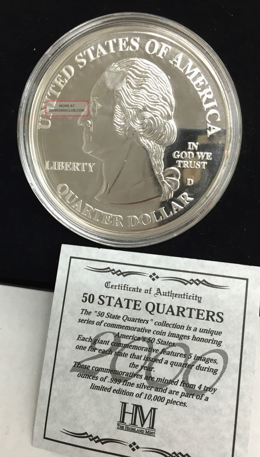 4 Troy Oz. 999 Silver Giant State Quarter Proof Art Round W/box
