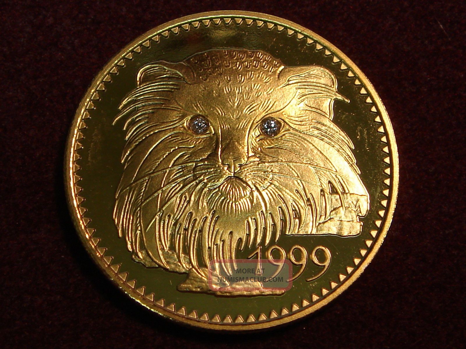 1999 Mongolia 1000 Tugrik 1/4 Oz Gold Coin Cat With Diamonds For Eyes Tcs