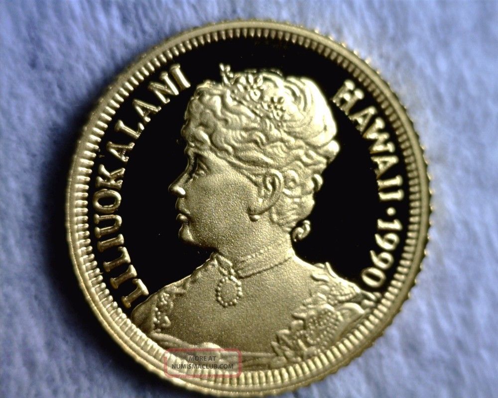 1990 Royal Hawaiian 1/10 Oz Proof. 9999 Gold Coin Queen Liliuokalani
