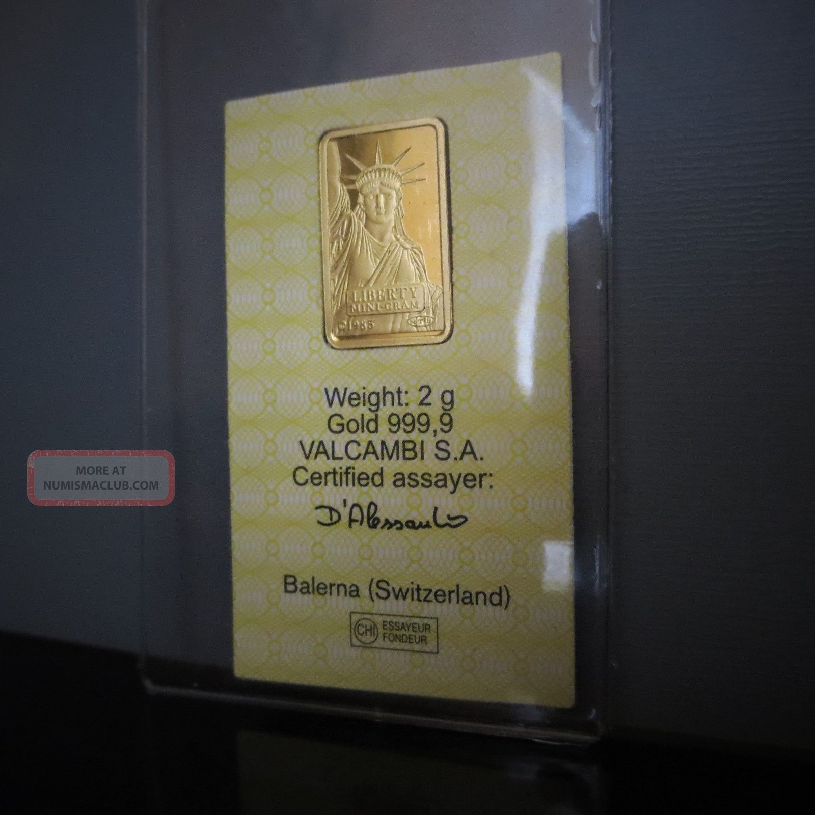 1985 Credit Suisse State Of Liberty 9999 Gold Bullion 2 Gram Bar In Assay