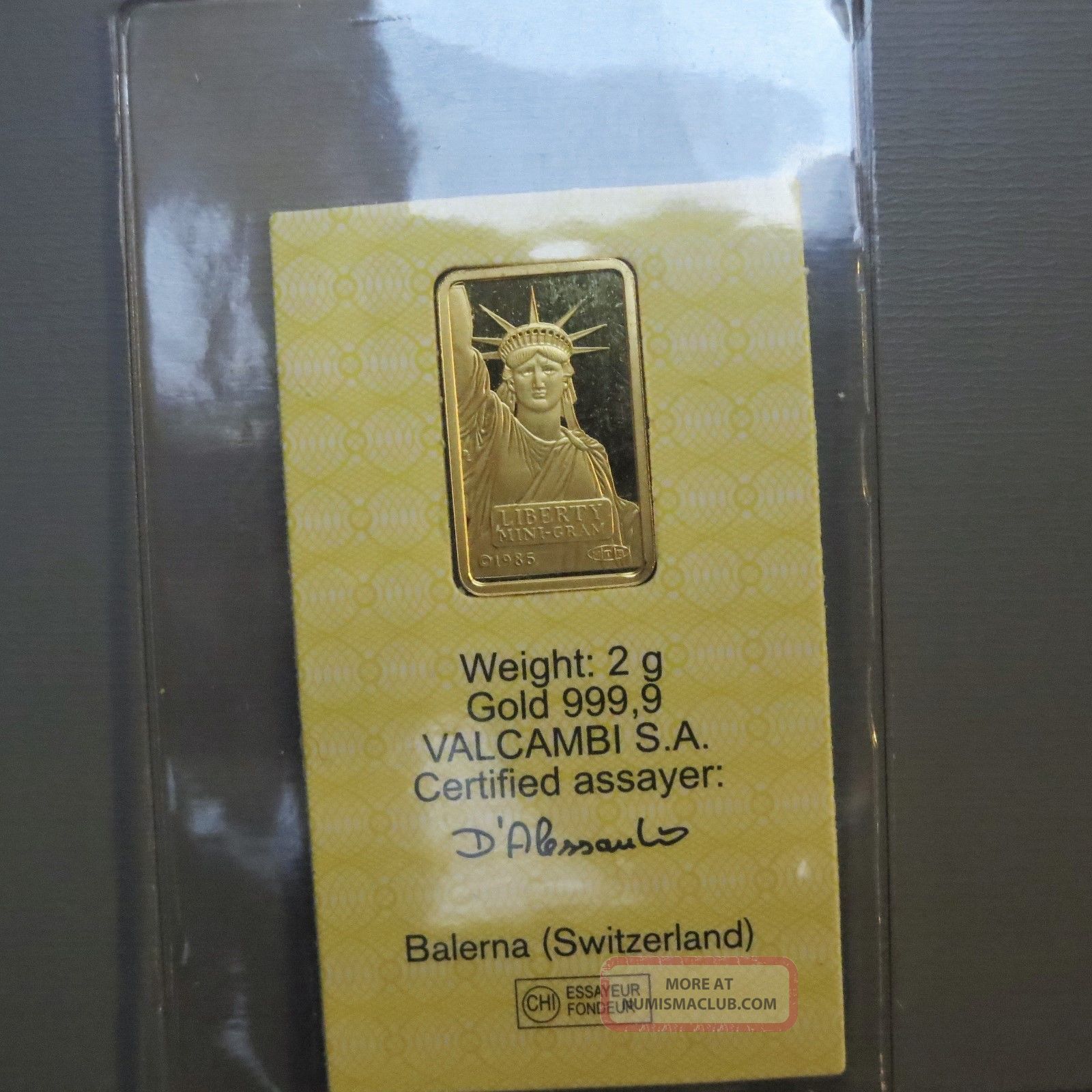 1985 Credit Suisse State Of Liberty 9999 Gold Bullion 2 Gram Bar In Assay