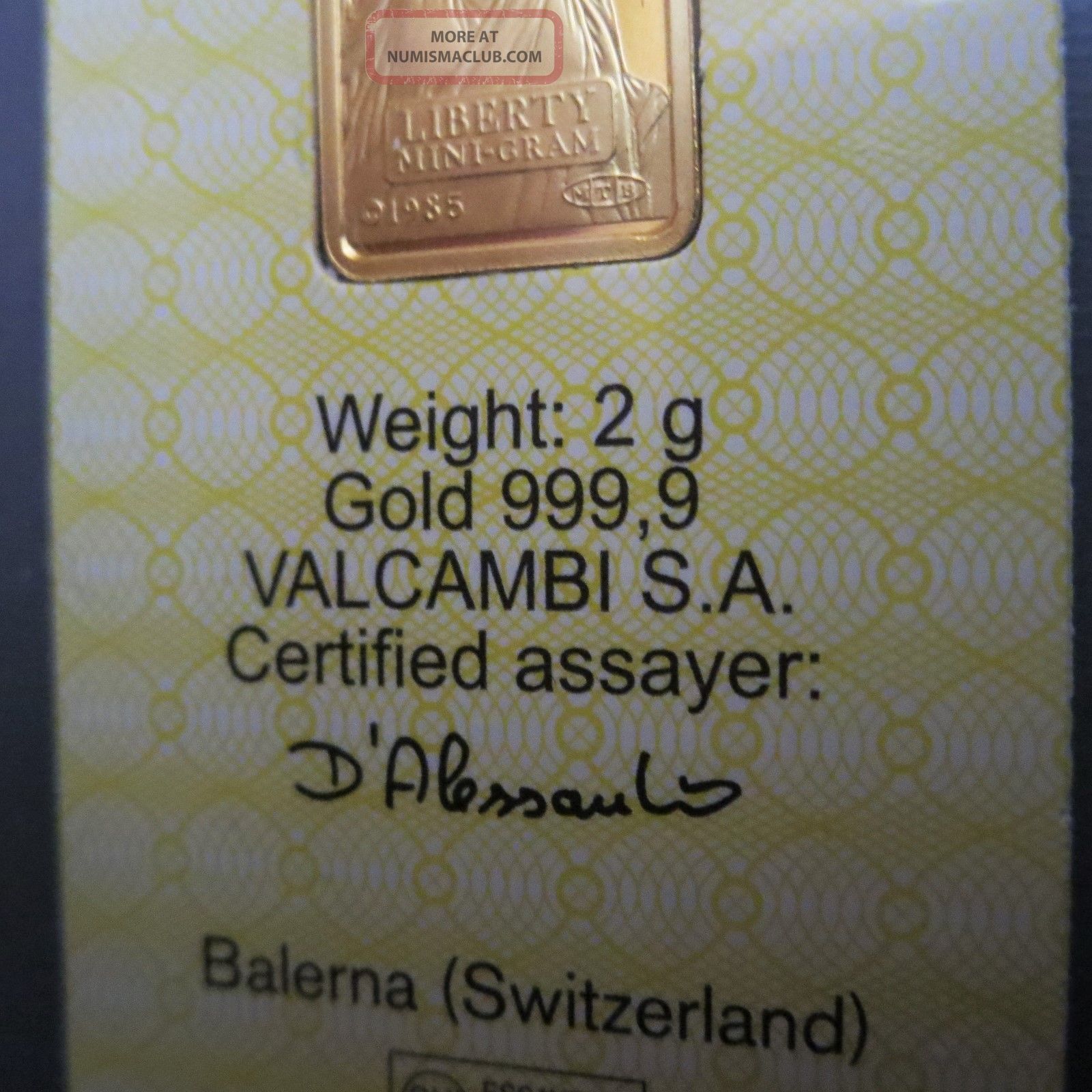 1985 Credit Suisse State Of Liberty 9999 Gold Bullion 2 Gram Bar In Assay