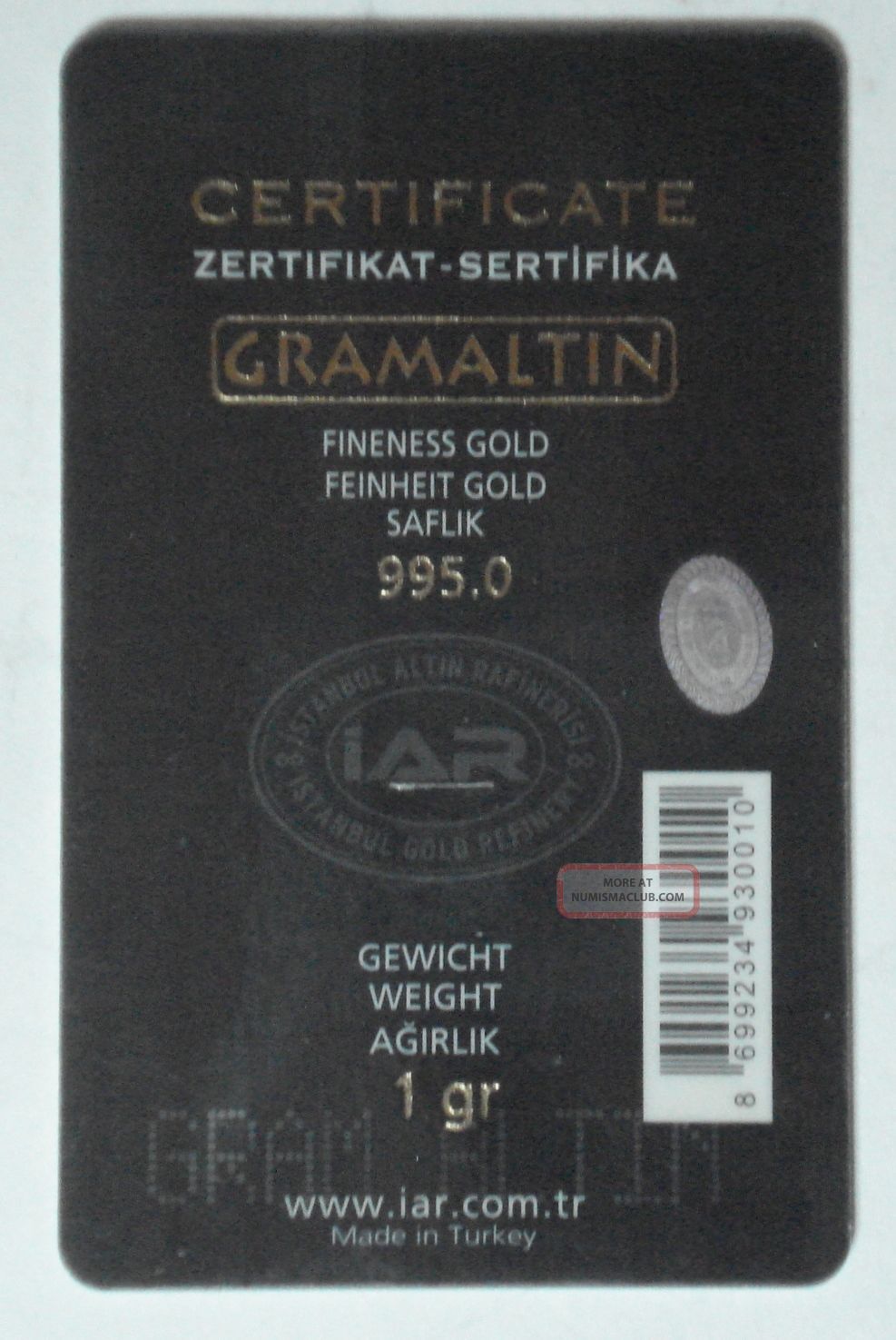 1 Gram Gold Bar Istanbul Gold Refinery. 995 Pure 1gr. 1 Gr.