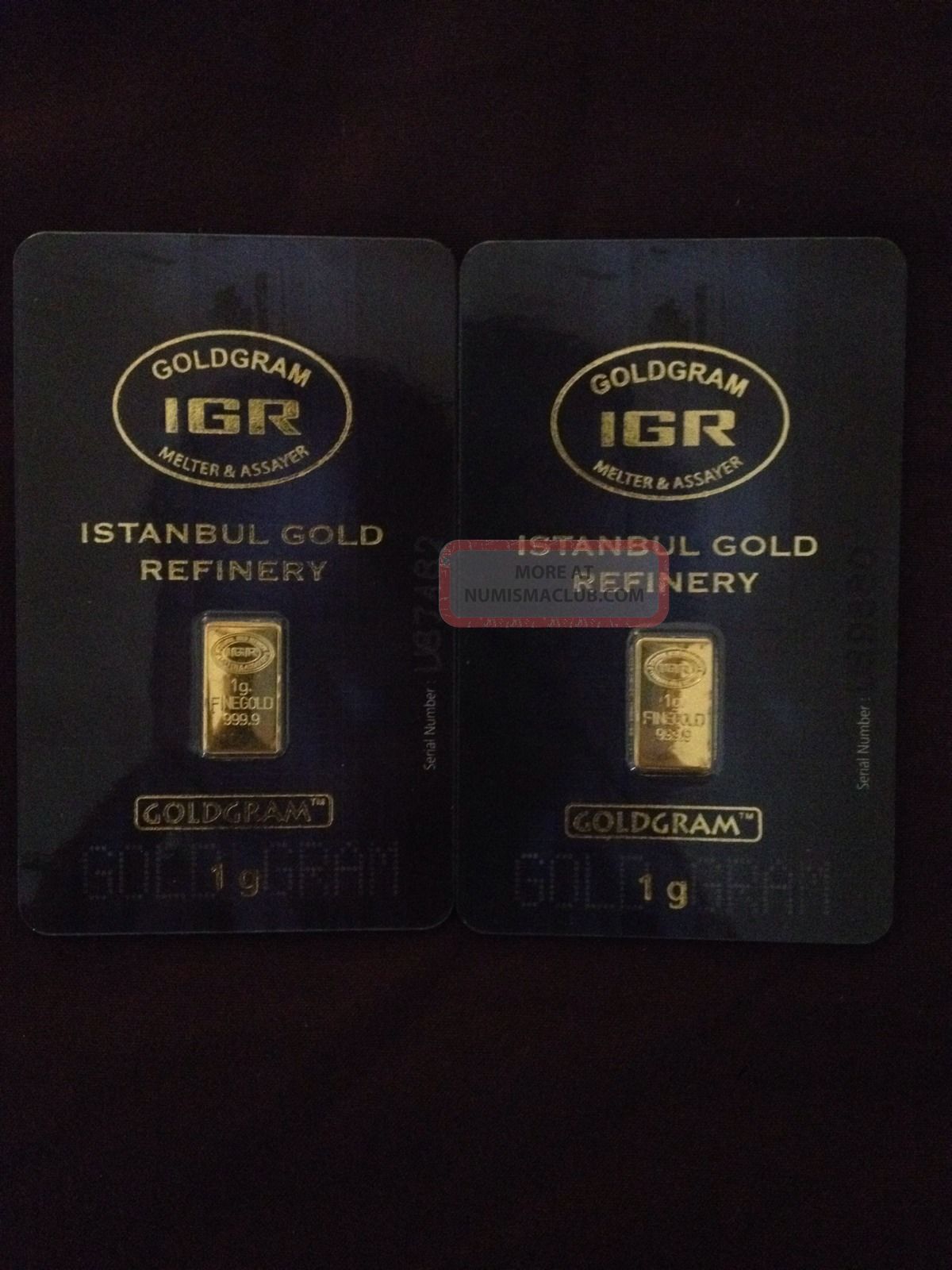(2) 1 Gram Istanbul Gold Refinery Bar. 9999 Fine (in Assay)