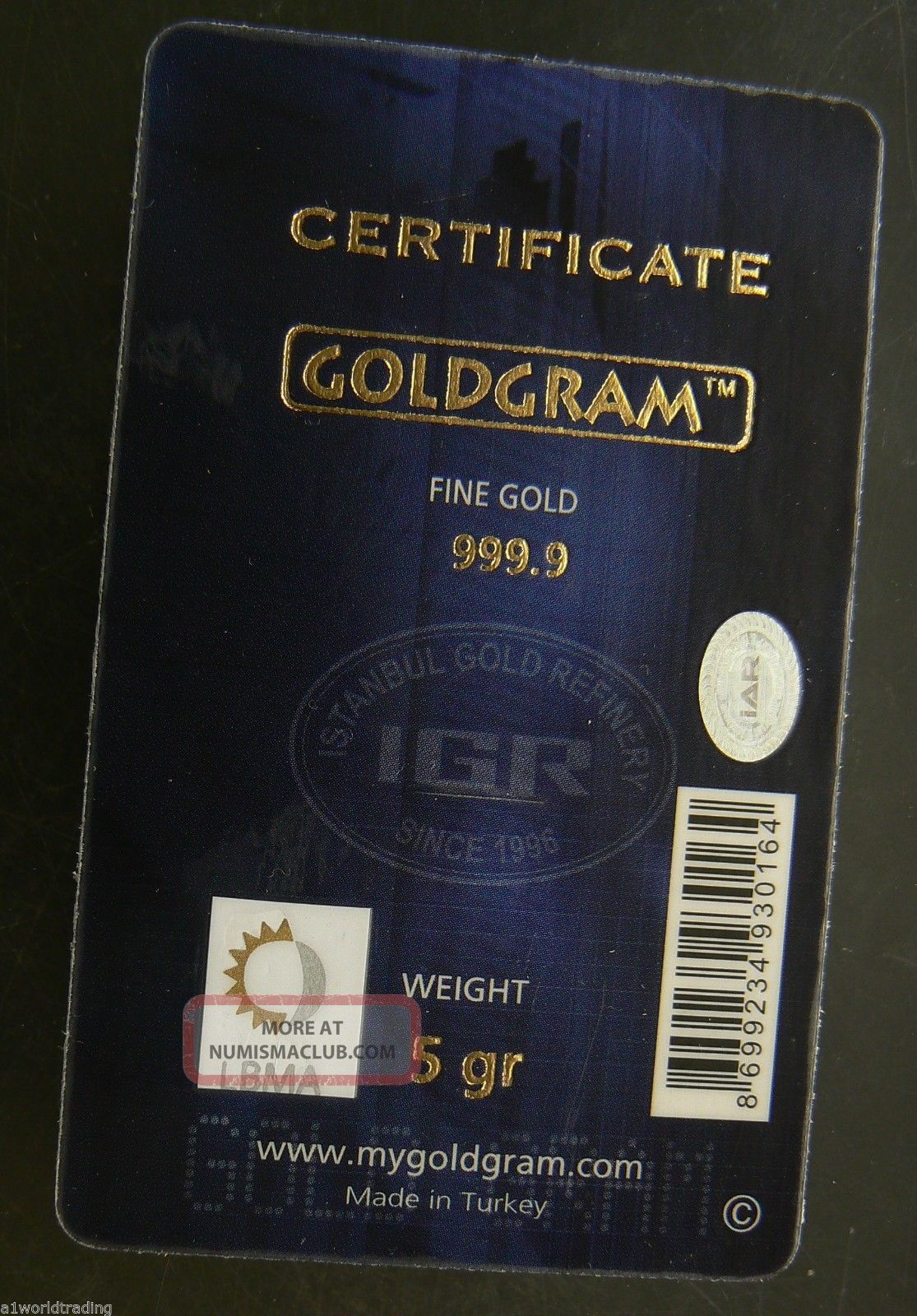 5 Gram Gold Igr Goldgram. 9999 Pure Bar Ingot With Serial 73435