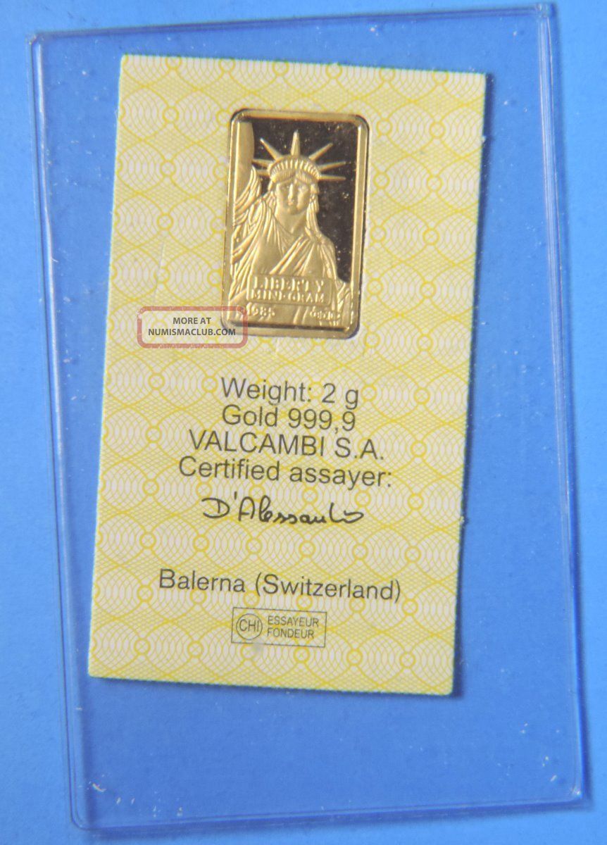 1985 Credit Suisse Statue Of Liberty. 9999 Gold Bullion 2 Gram Bar