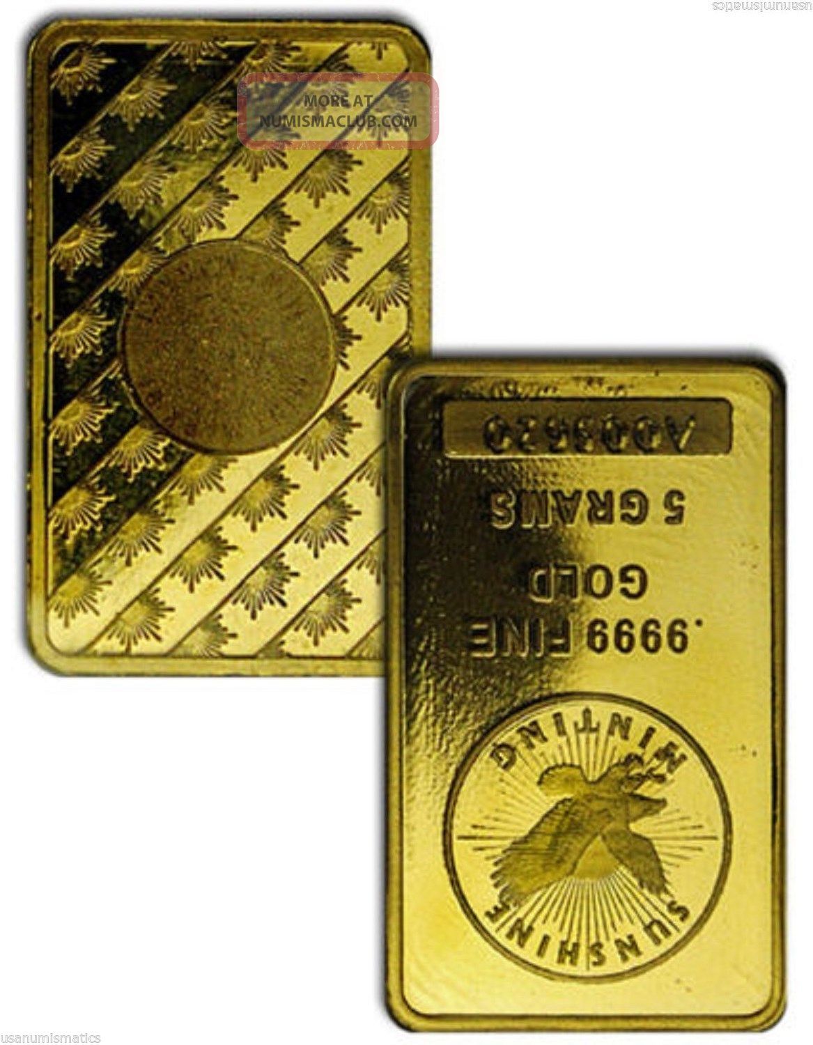 1 Sunshine Minting 5 Gram. 9999 Pure Fine Gold Bar. Uncirulated