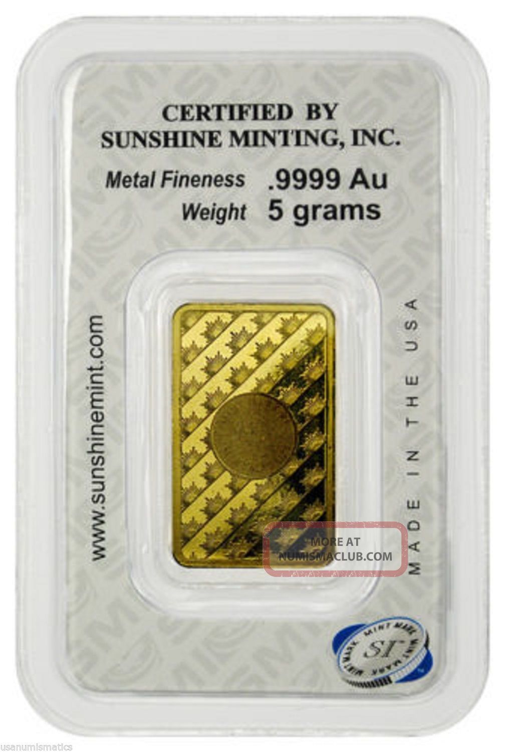 1 Sunshine Minting 5 Gram. 9999 Pure Fine Gold Bar. Uncirulated