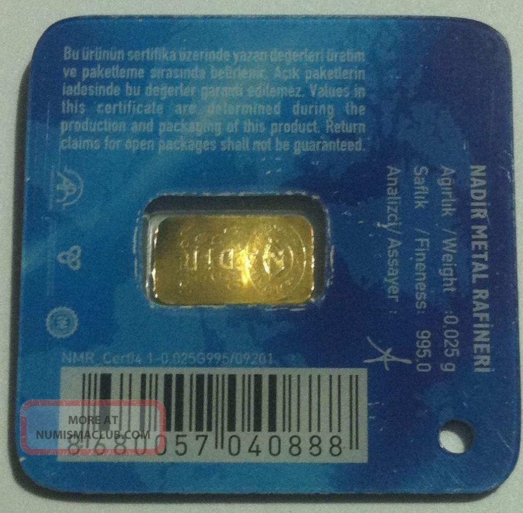 995. Fine. 025 Grams Solid Gold Certificate Bullion Bar Nadir Great ...