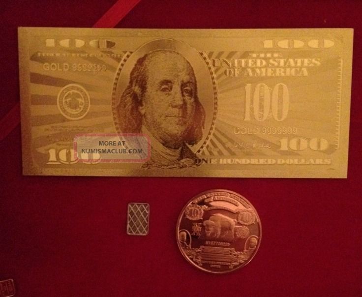 Pure 24k Gold $100 Bill Banknote 1 Gram. 999 Pure Silver Bar 1 Oz. 999 ...