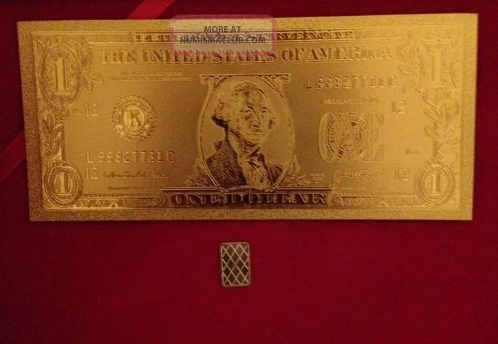 Pure 24k Gold $1 Dollar Bill Banknote With 1 Gram. 999 Pure Silver Bar