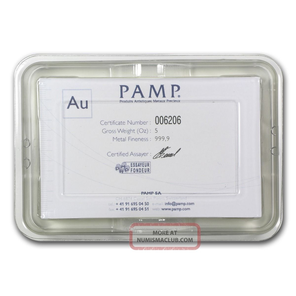 5 Oz Pamp Suisse Gold Bar - Lady Fortuna - Assay Card - Sku 59448