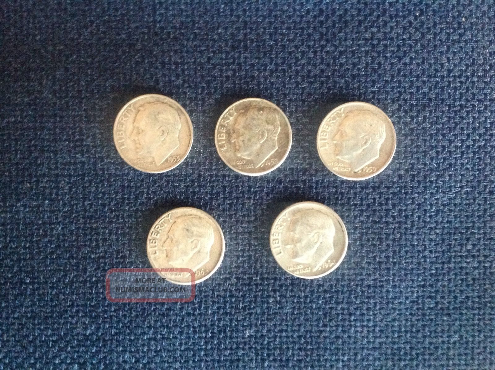 5 Roosevelt Silver Dimes 1953 - D 1958 - D 1959 - D 1963 - D 1964 - D Or V