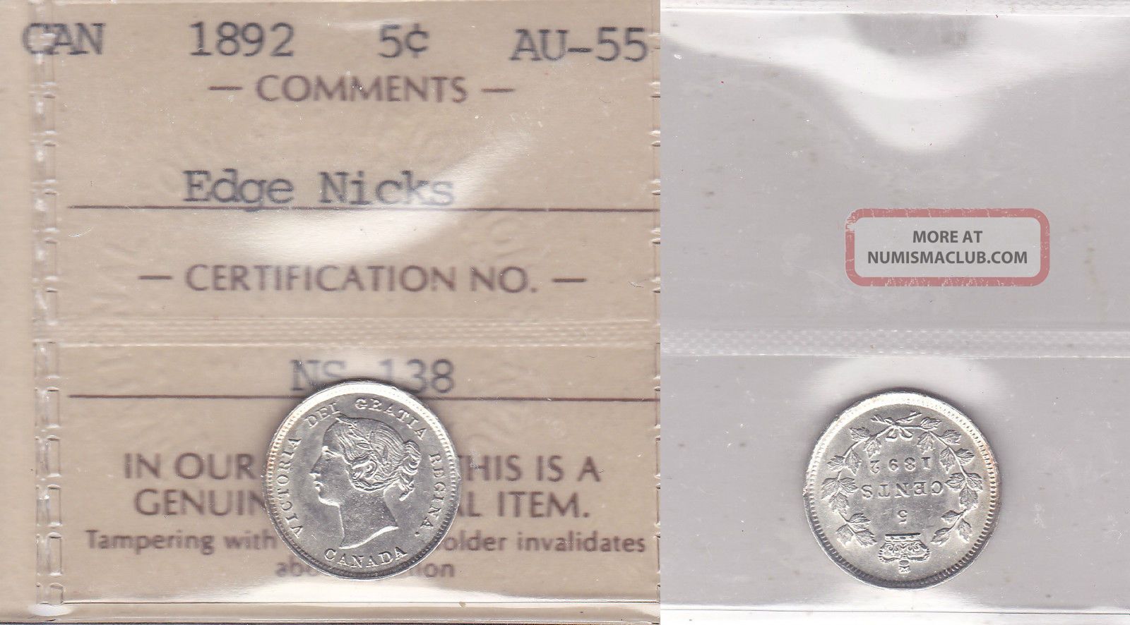 1892 Iccs Au55 5 Cents Edge Nicks Canada Five Silver Fishscale