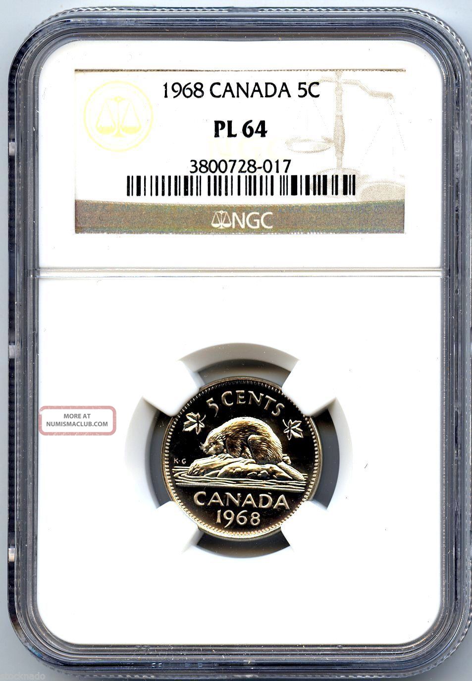 1968 Canada 5 Cent Nickel Ngc Pl64 Proof Like Strike Stunning Coin Low ...