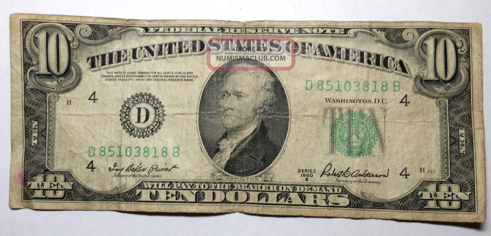 1950 B Ten Dollar Federal Note D Series Cleveland Sn D85103818b 1950-b-ten-dollar-federal-note-d-series-cleveland-sn-d85103818b