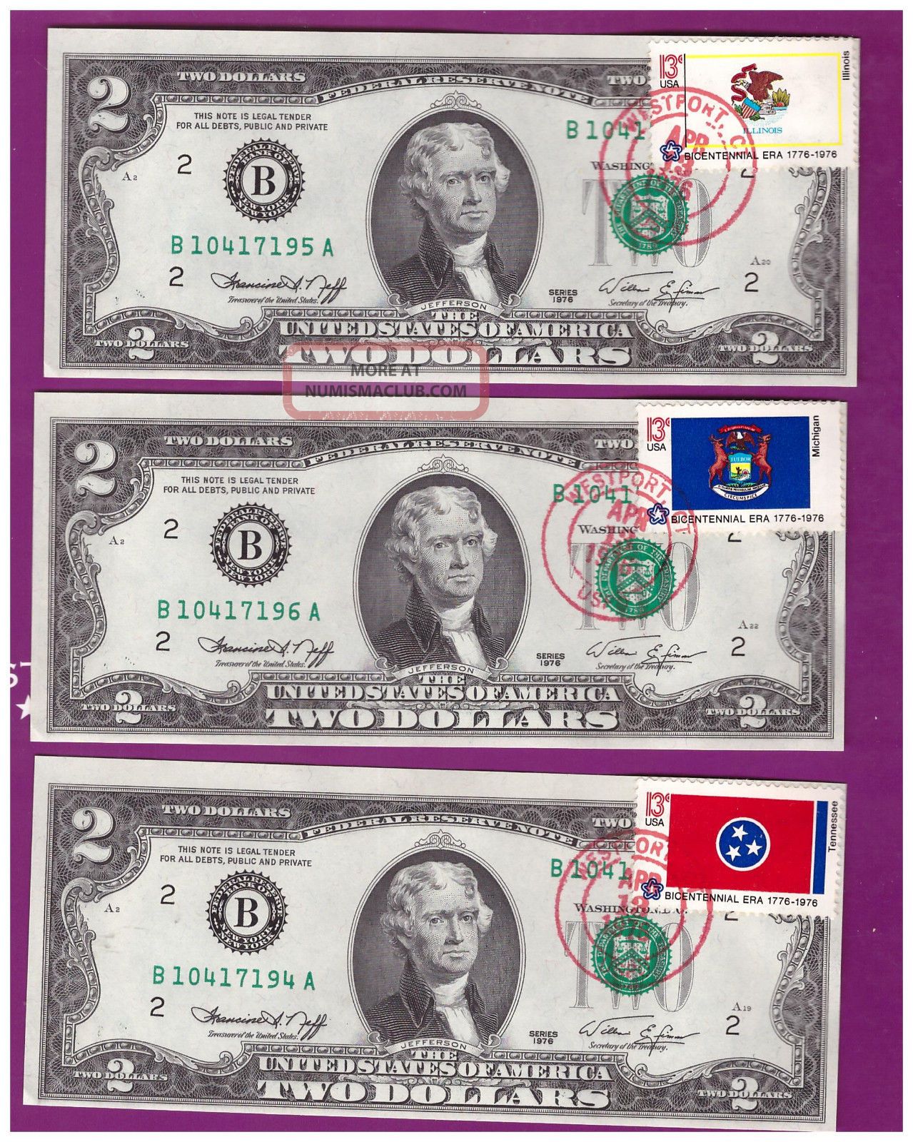 3 - 1976 Consecut 2 Dollar Bill First Day Issue Postage Stamp 4/ 13 /76 ...